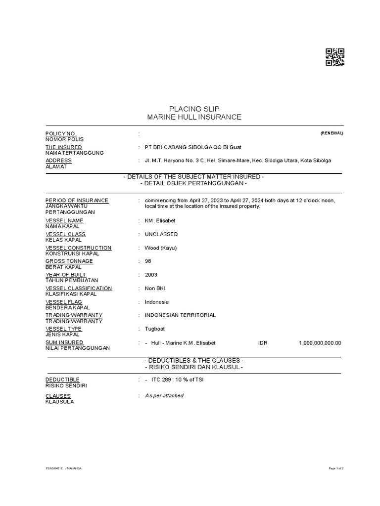Placing Slip MH Bi Guat | PDF | Insurance | Port