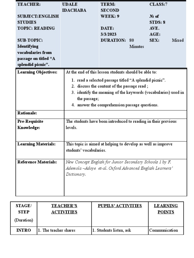 Year 7 Week 9 Lesson Plan | PDF