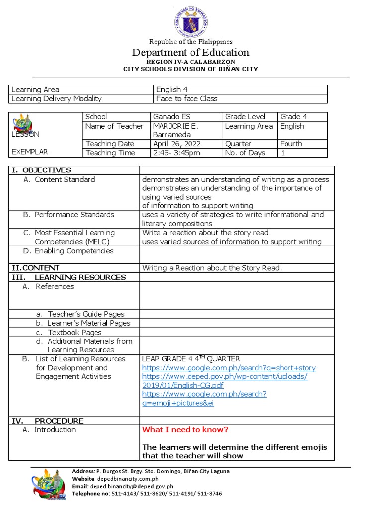 Grade 4 English Lesson Plan: Reactions | PDF | Learning | Teachers