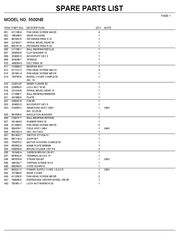 9500NB Part List | PDF | Screw | Machines