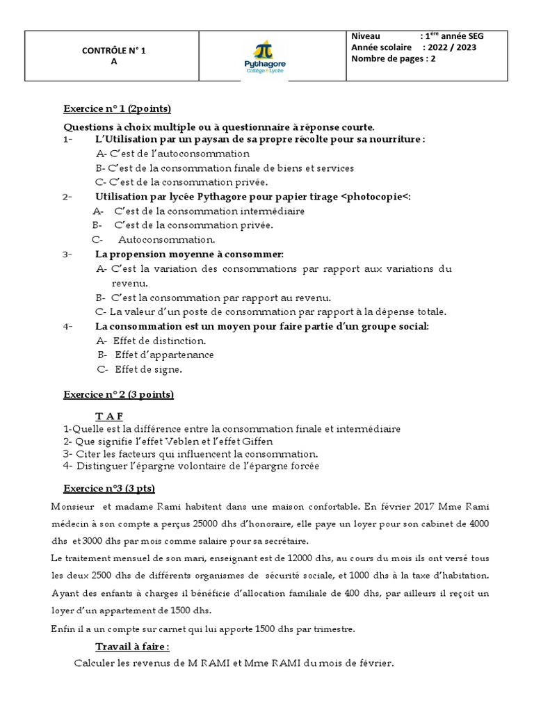Egs-Controle N°4 - A - 2023 | PDF