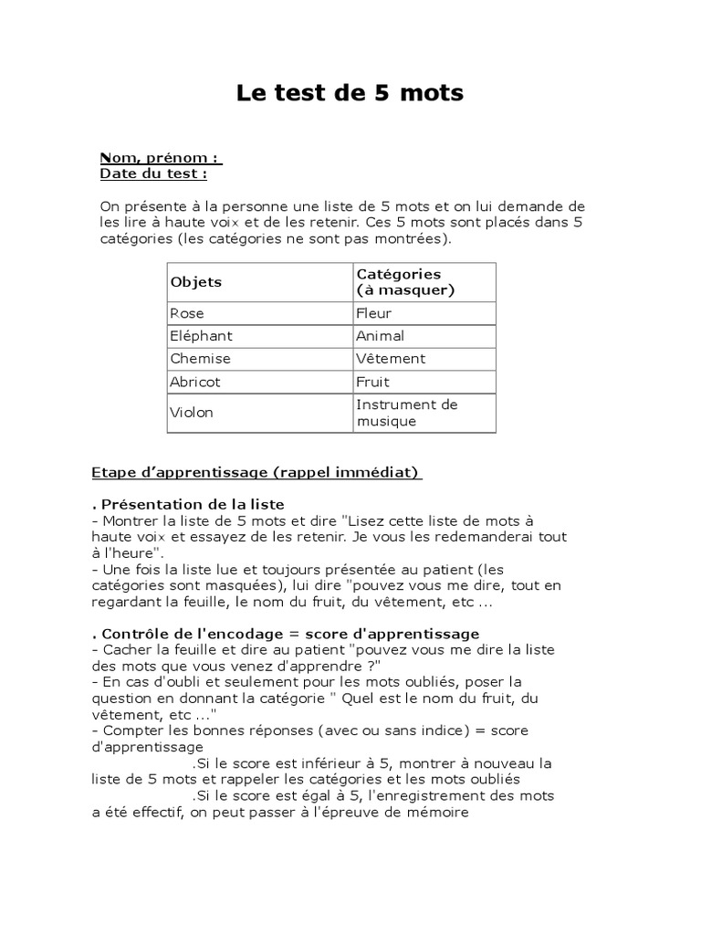 13 Test Des 5 Mots de Dubois Passation | PDF