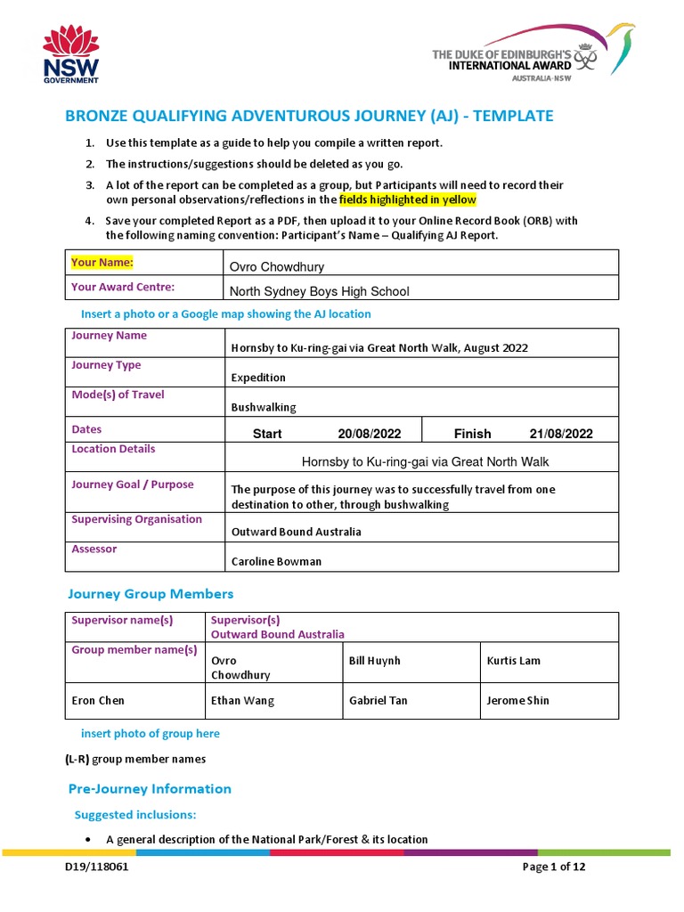 Duke of Ed Bronze Adventurous Journey Report Template | Download Free ...