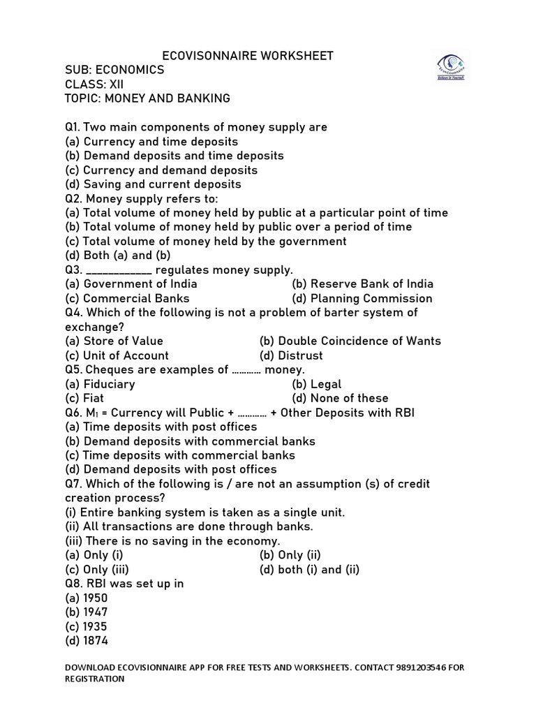 Worksheet Money and Banking 2023 | PDF | Money | Reserve Bank Of India