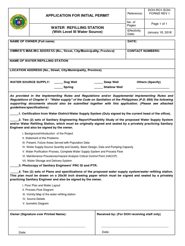 Water Refilling Station Permit Application | PDF | Water Supply Network ...