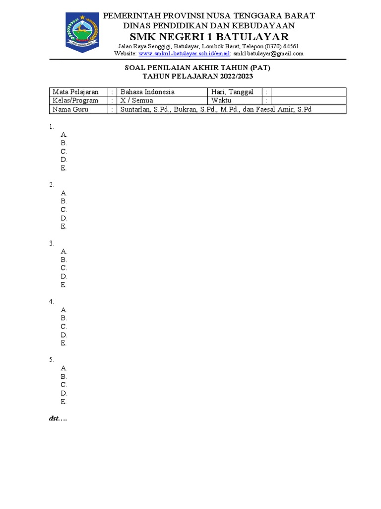 Contoh Template Soal Ulangan Sekolah SMK | PDF