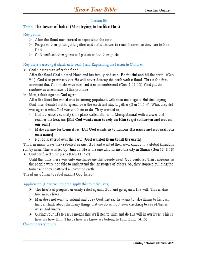 The Tower of Babel (Sunday School Lessons - 2021) | PDF | Book Of ...