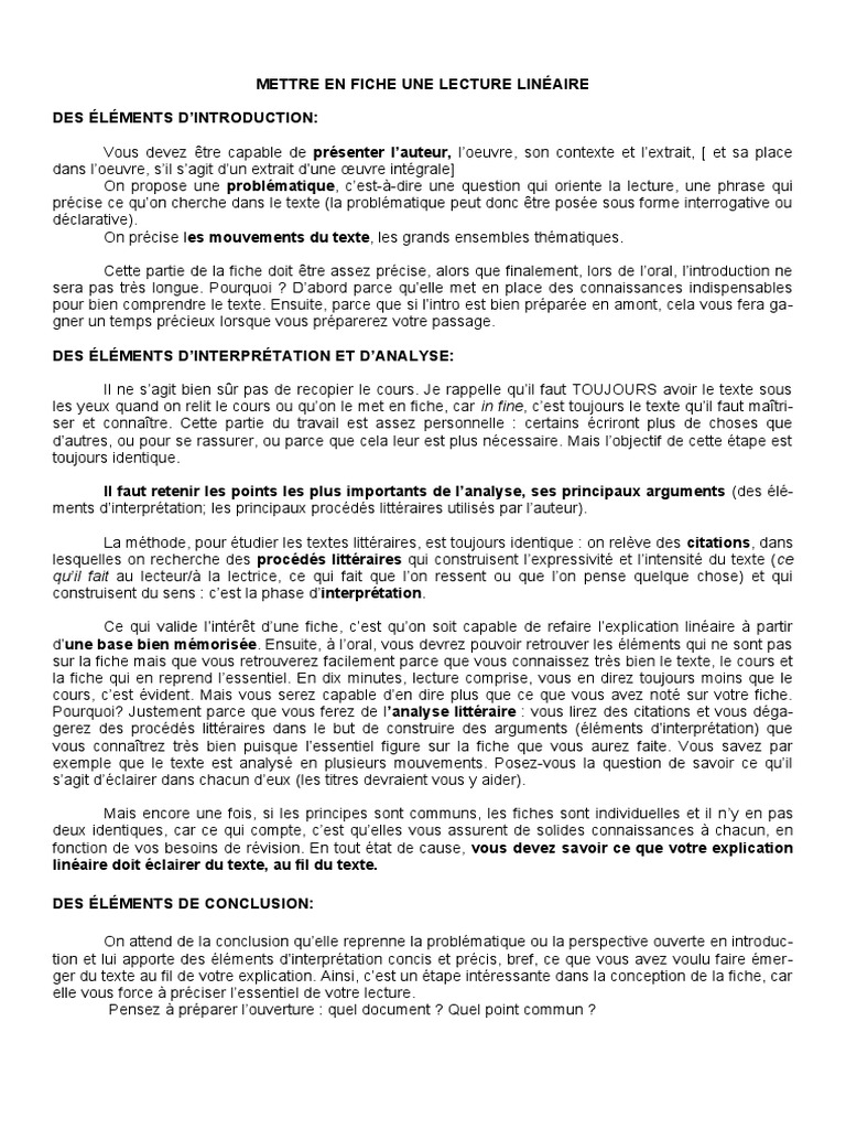 Fiche Explication Lineaire Methodo Ecrite | PDF
