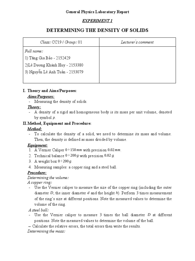 Cc19 Group 1 Lab Report 1 Pdf Density Volume 