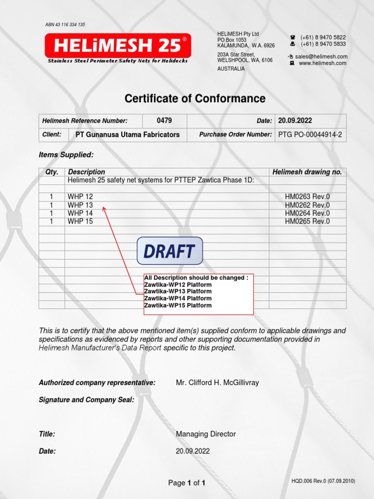 Certificate of Conformance: Items Supplied | PDF