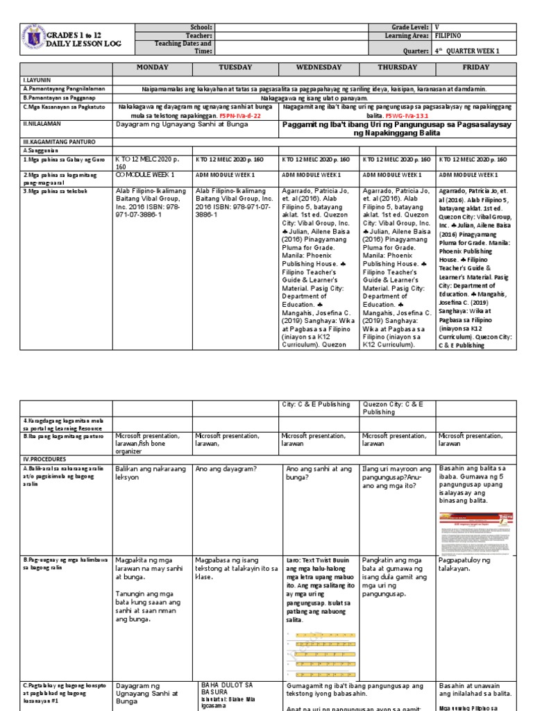 DLL - Filipino 5 - Q4 - W1 | PDF
