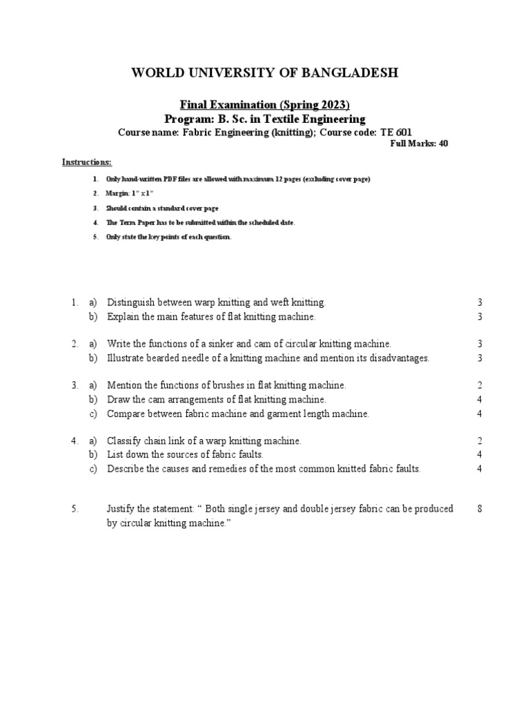 Fabric Engineering (Knitting) Question Final | PDF