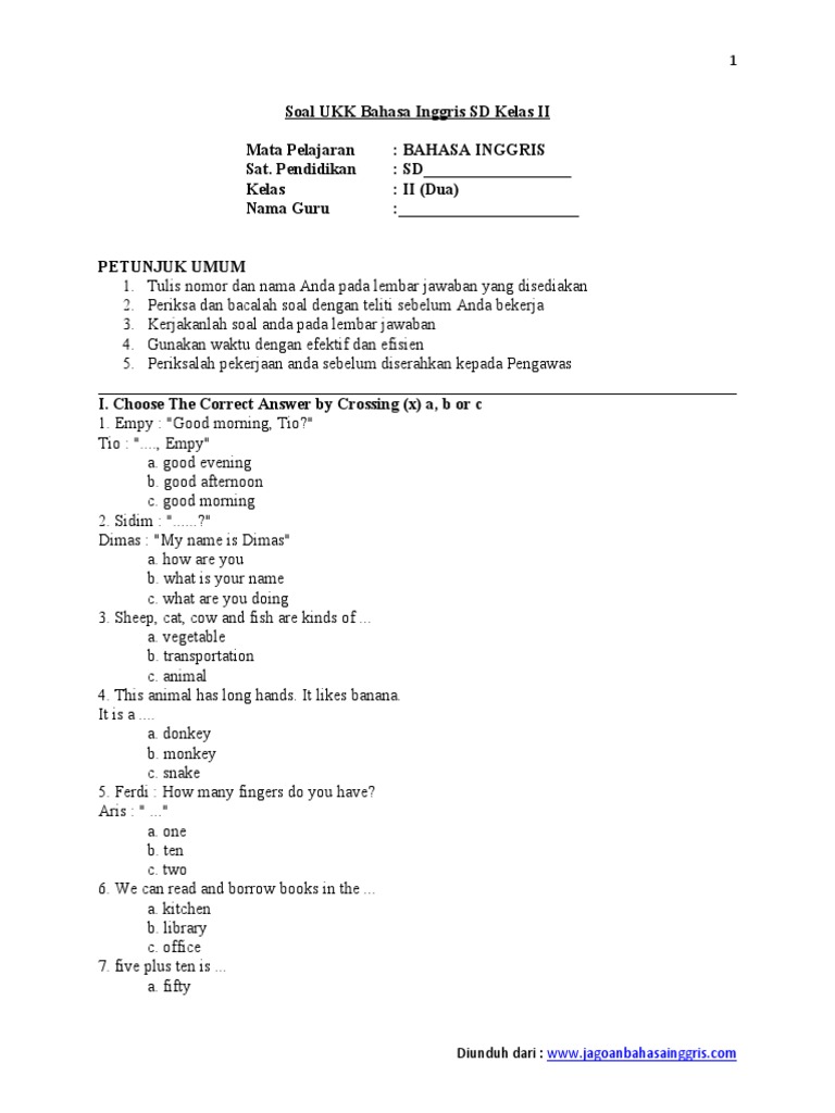 Soal ukk bahasa inggris kelas 2 sd (3).doc | PDF