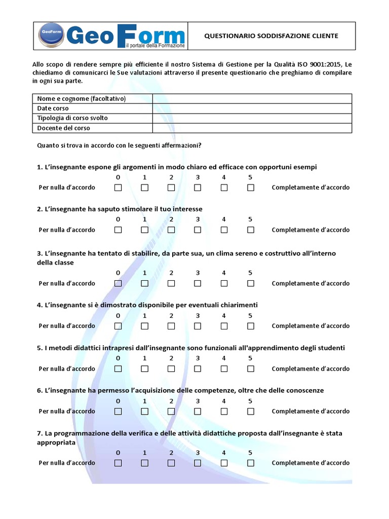 Questionario Soddisfazione Cliente | PDF