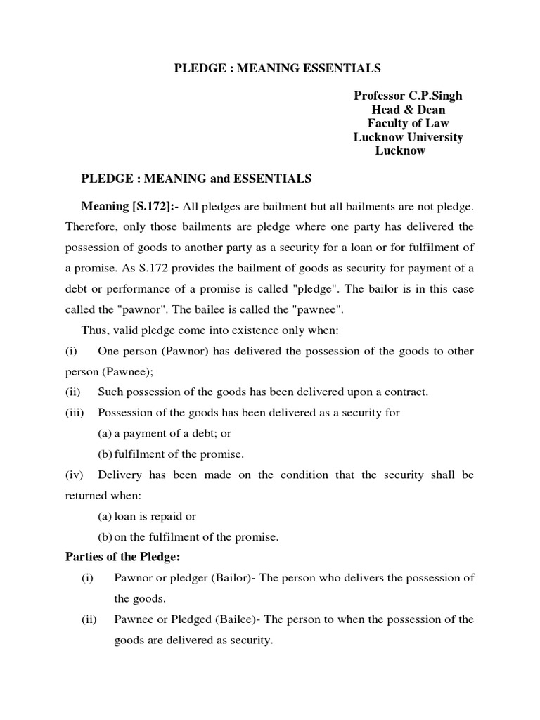Essentials of Pledge in Law | PDF | Loans | Debt