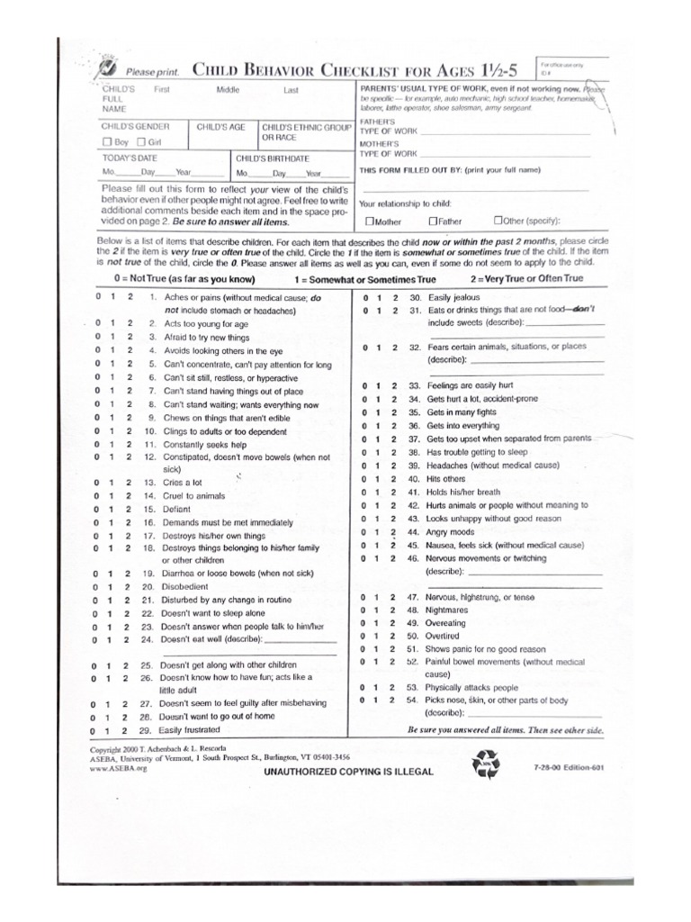 CBCL 1.5-5years Questionnaire | PDF