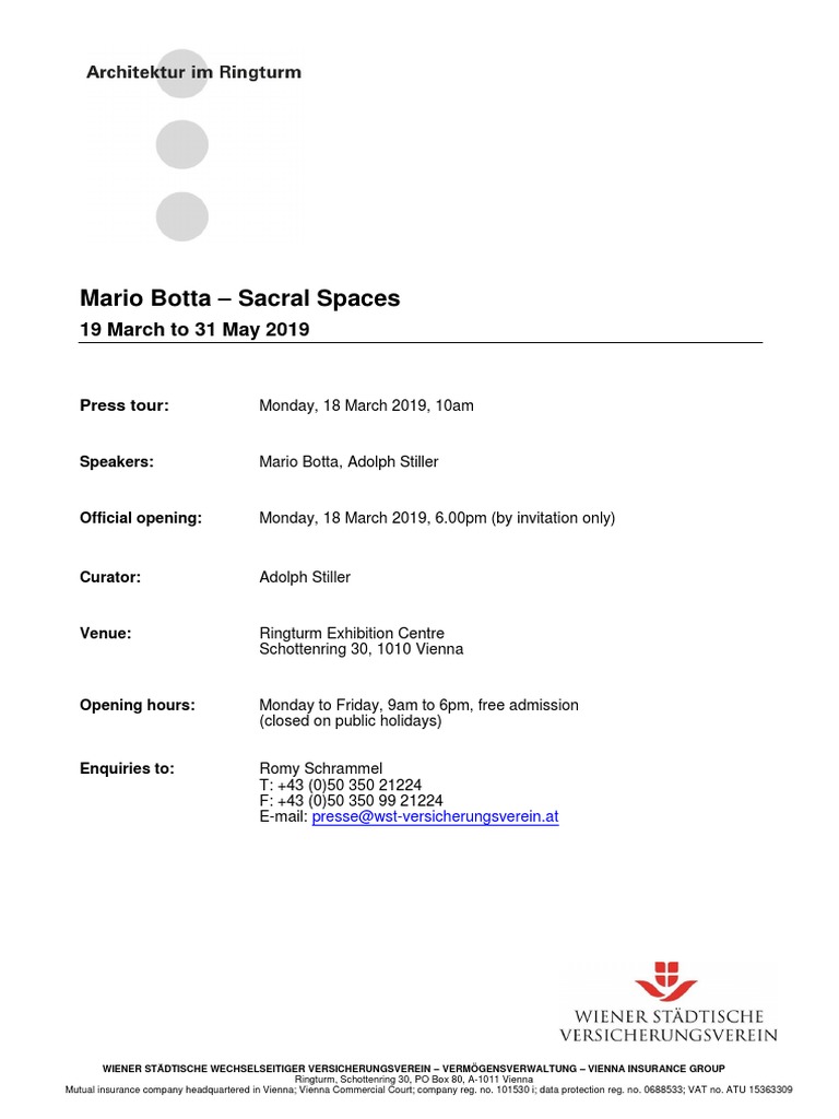 Mario Botta - Sacral Spaces: 19 March To 31 May 2019 | PDF | Switzerland