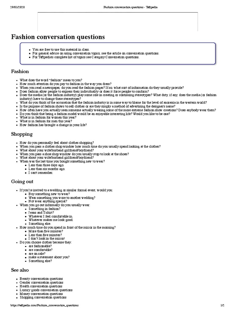 Fashion Conversation Questions for ESL | PDF | Fashion | Clothing