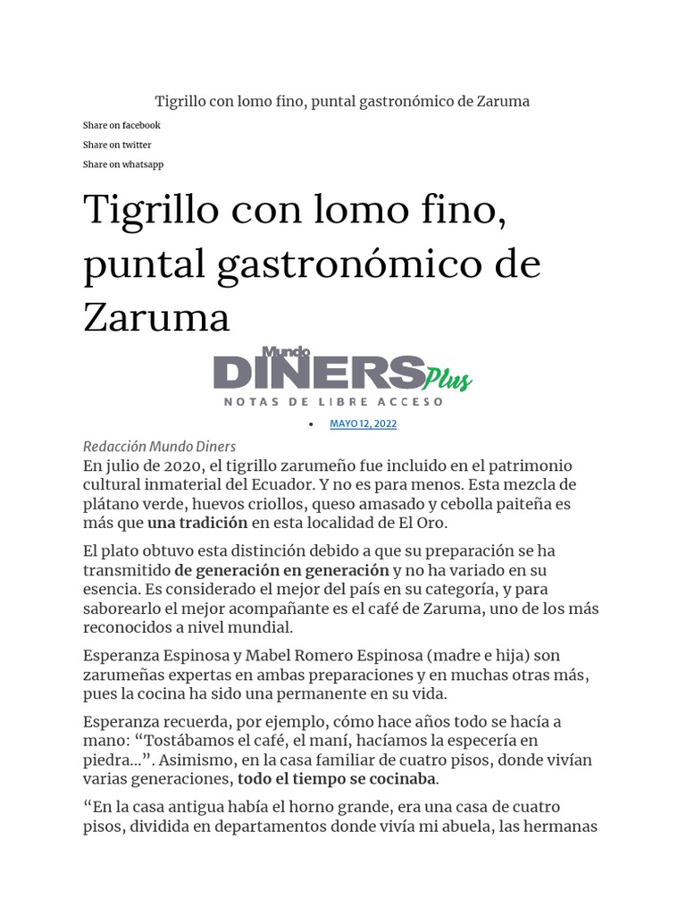 Tigrillo zarumeño: tradición y receta | PDF | Receta | filete