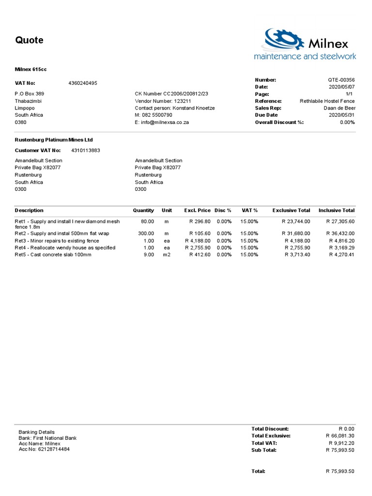 Milnex 615cc Quote | PDF | Economies