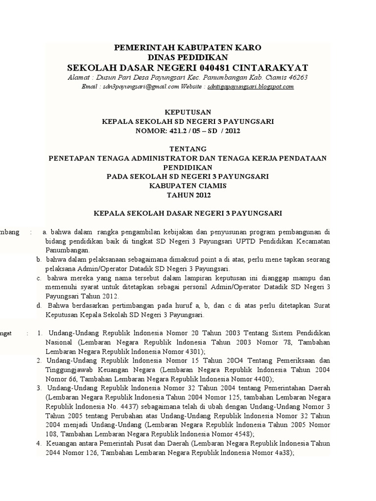Contoh SK Administrasi Operator Sekolah | PDF