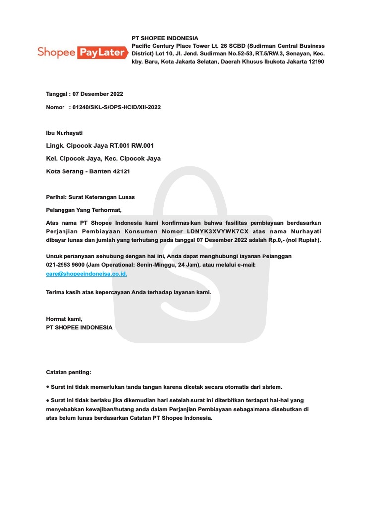 Surat Lunas Shopee Nurhayati | PDF