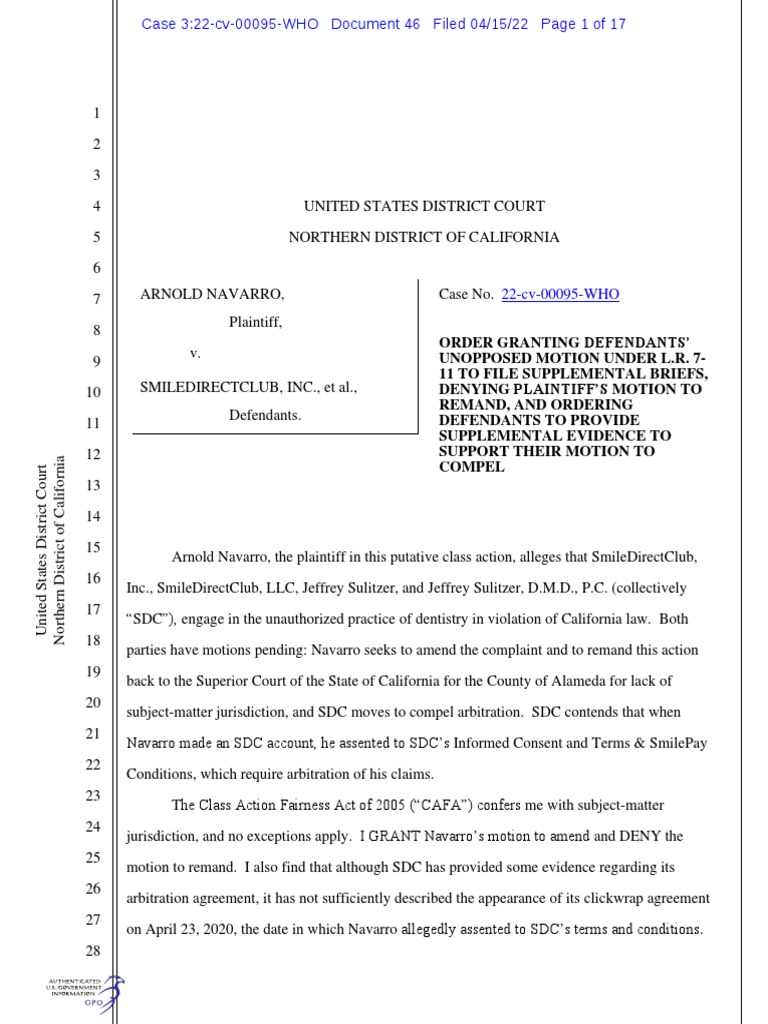 Court Order on Navarro v. SmileDirectClub Case | PDF | Complaint | Joinder