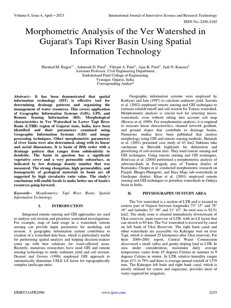 Morphometric Analysis Of The Ver Watershed In Gujarats Tapi River Basin Using Spatial