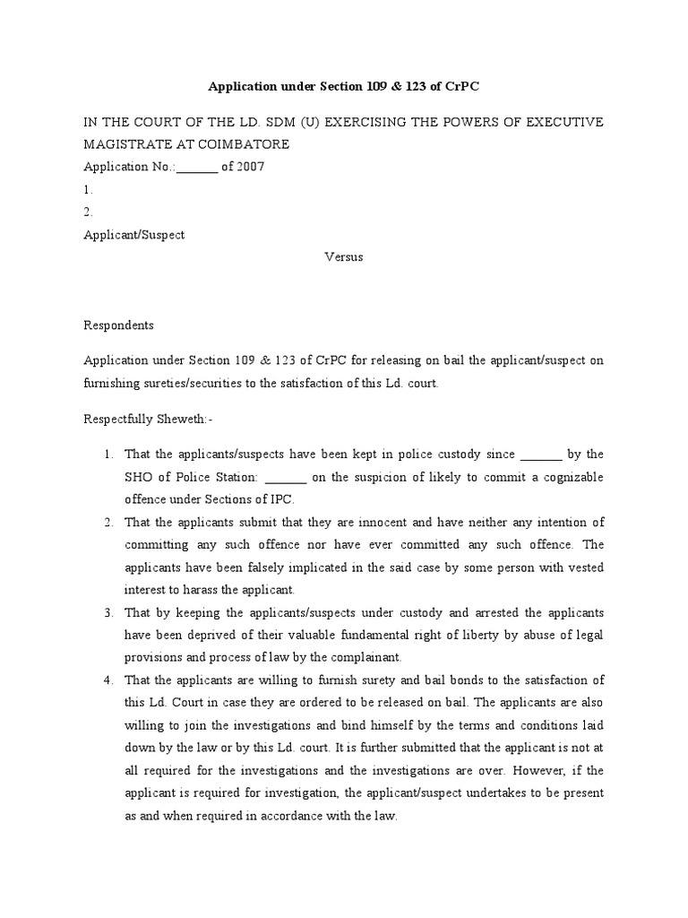 Application Under Section 109 | PDF | Bail | Public Sphere