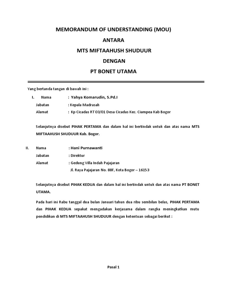 037 MoU SMK MIFTAAHUSH SHUDUUR - BONET | PDF