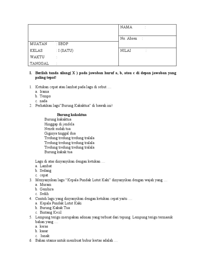 Soal PTS 2 SBDP Kelas 1 K13-1 | PDF