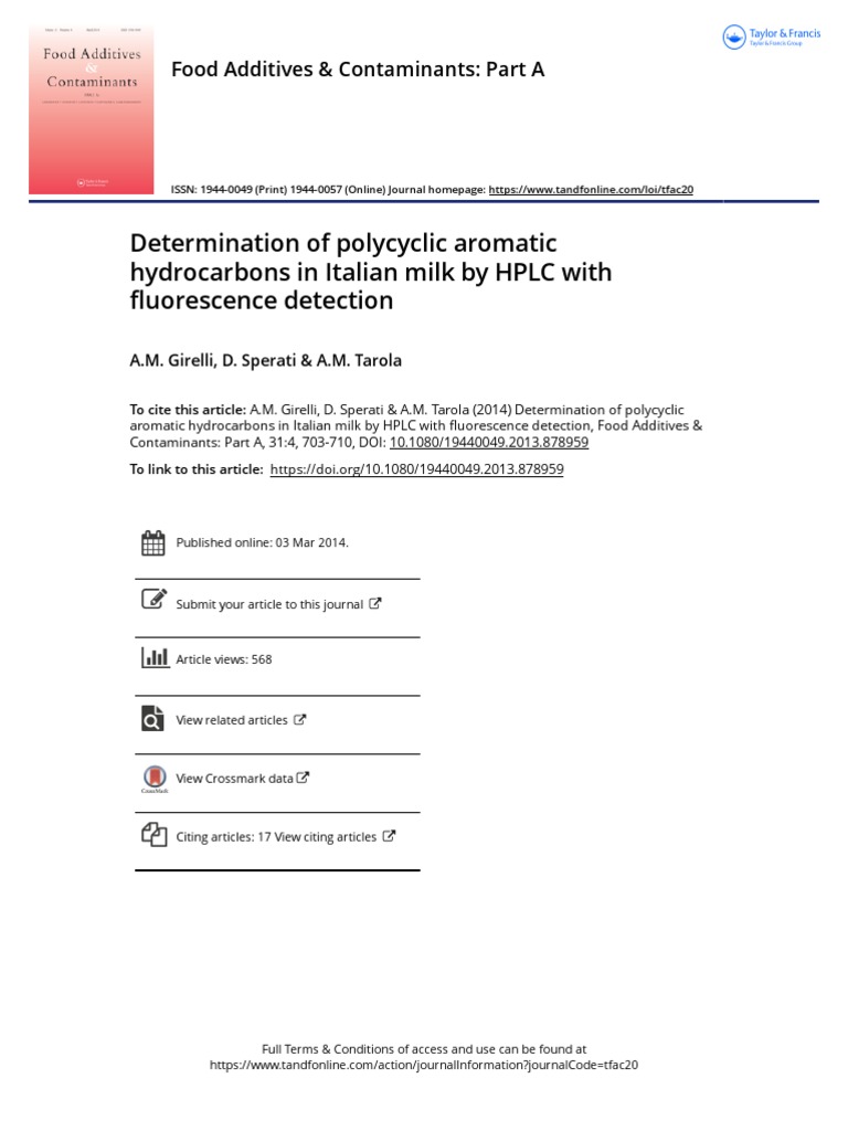 Determination of Polycyclic Aromatic Hydrocarbons in Italian Milk by HPLC With Fluorescence ...