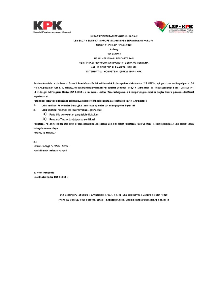 Draft SKPH - Hasil Verifikasi Pendaftaran Sertifikasi Penyuluh Antikorupsi (Paksi Pertama) Umum ...