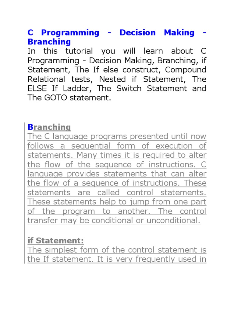 C Programming - Decision Making - Branching: Ranching | Download Free PDF | C (Programming ...