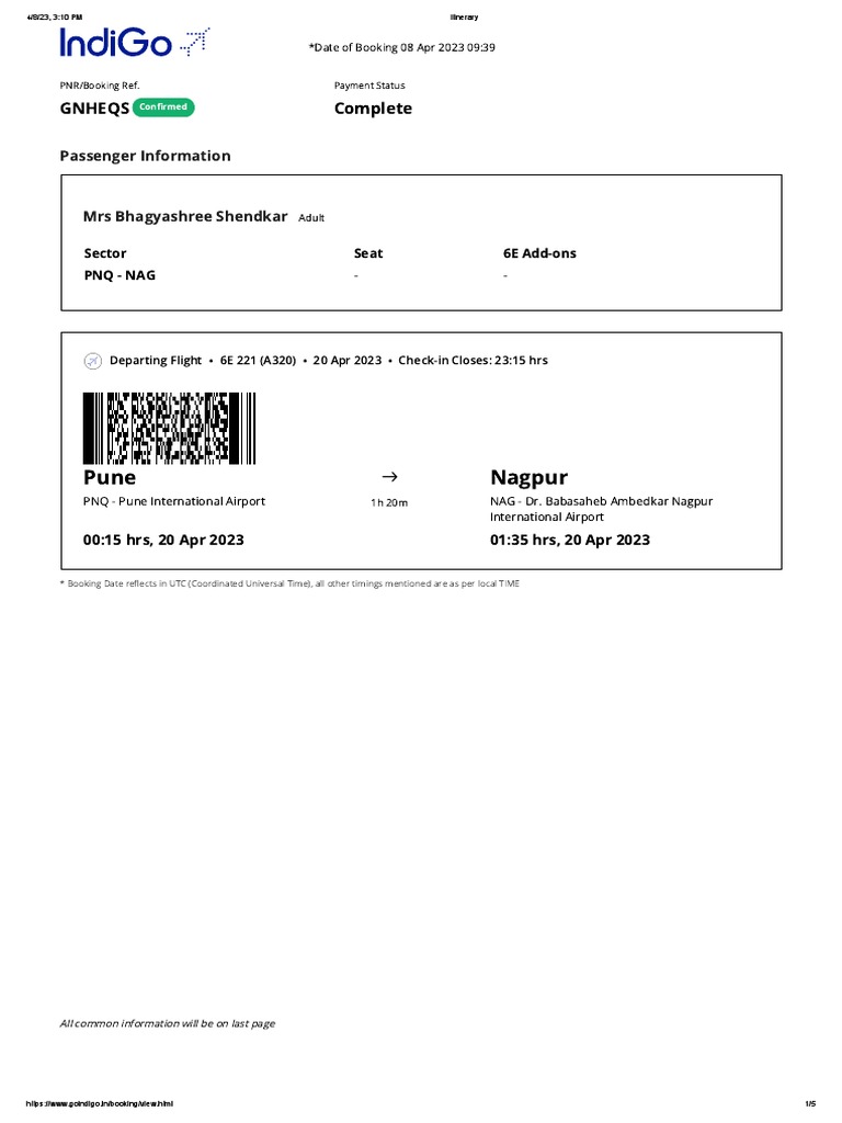 Pune-Nagpur Flight Ticket | PDF | Airport | Travel Visa