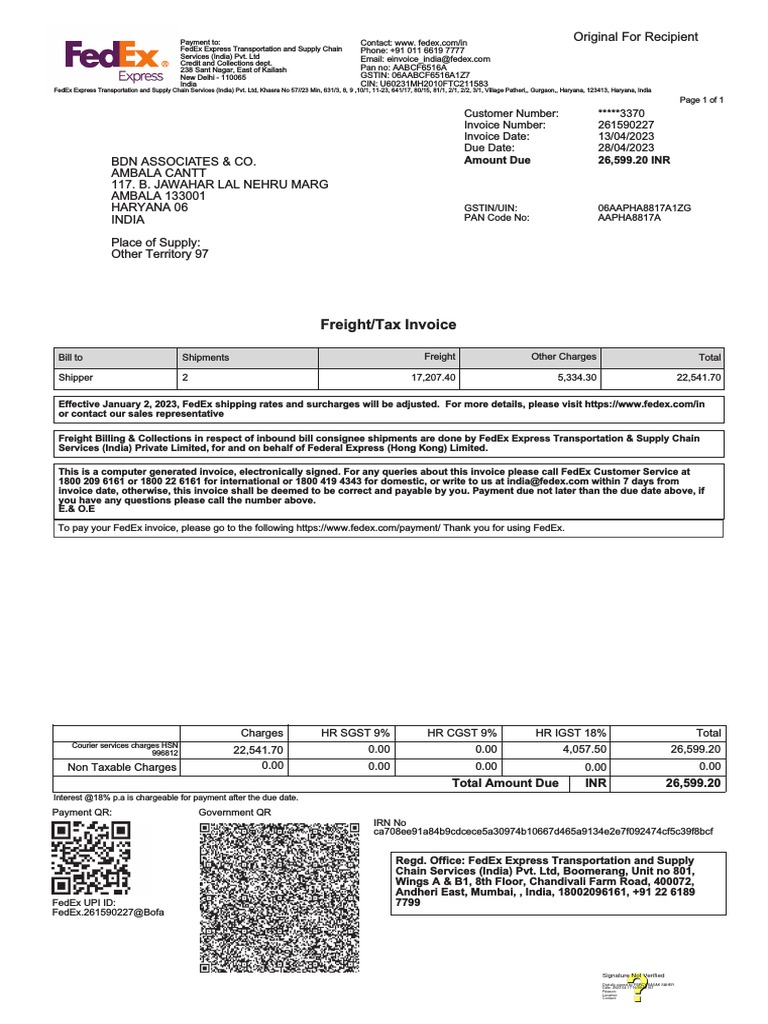 FedEx Freight and Tax Invoice for Shipment from Ambala Cantt to New ...