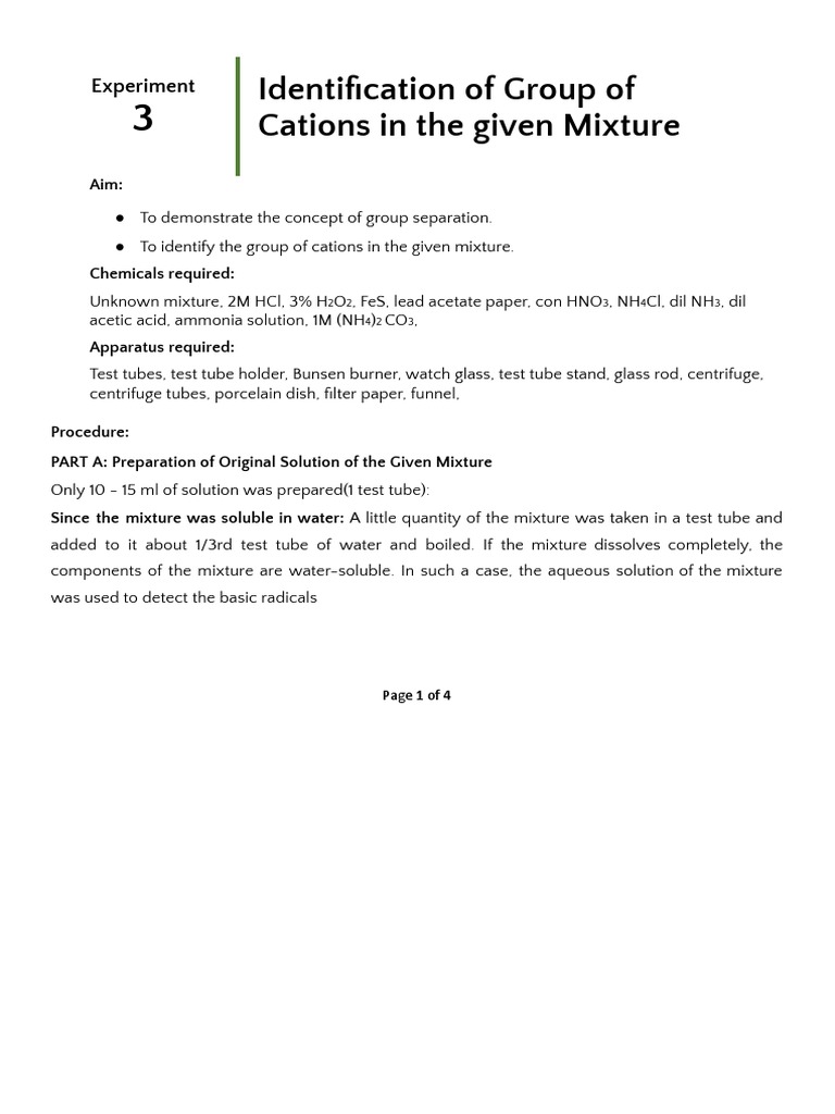 Cation Group Identification Experiment | PDF | Precipitation (Chemistry ...