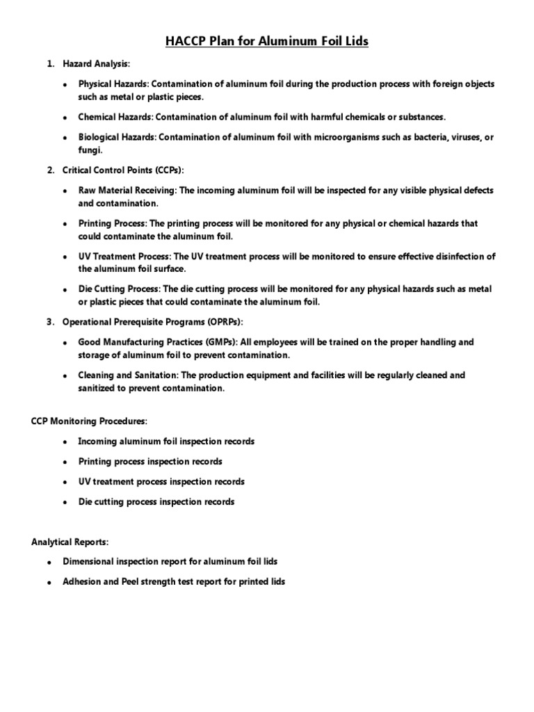 HACCP Guidelines for Aluminum Foil Lids | PDF | Ultraviolet | Hazards