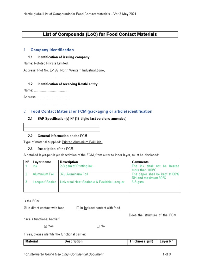 Nestlé Food Contact Materials LoC | PDF | Freezing | Materials