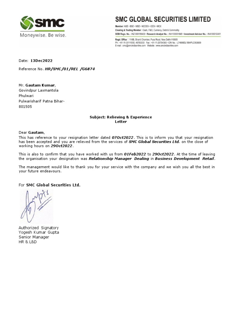 Relieving Letter for Gautam Kumar | PDF