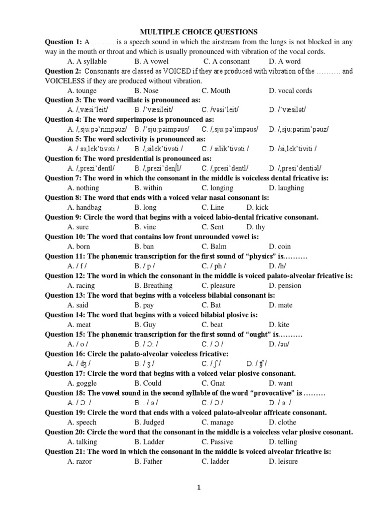Multiple Choice Questions (Lecture 1234) | PDF | Phonetics | Consonant