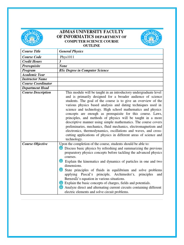 ADMAS University General Physics Course Outline | PDF | Force | Physics