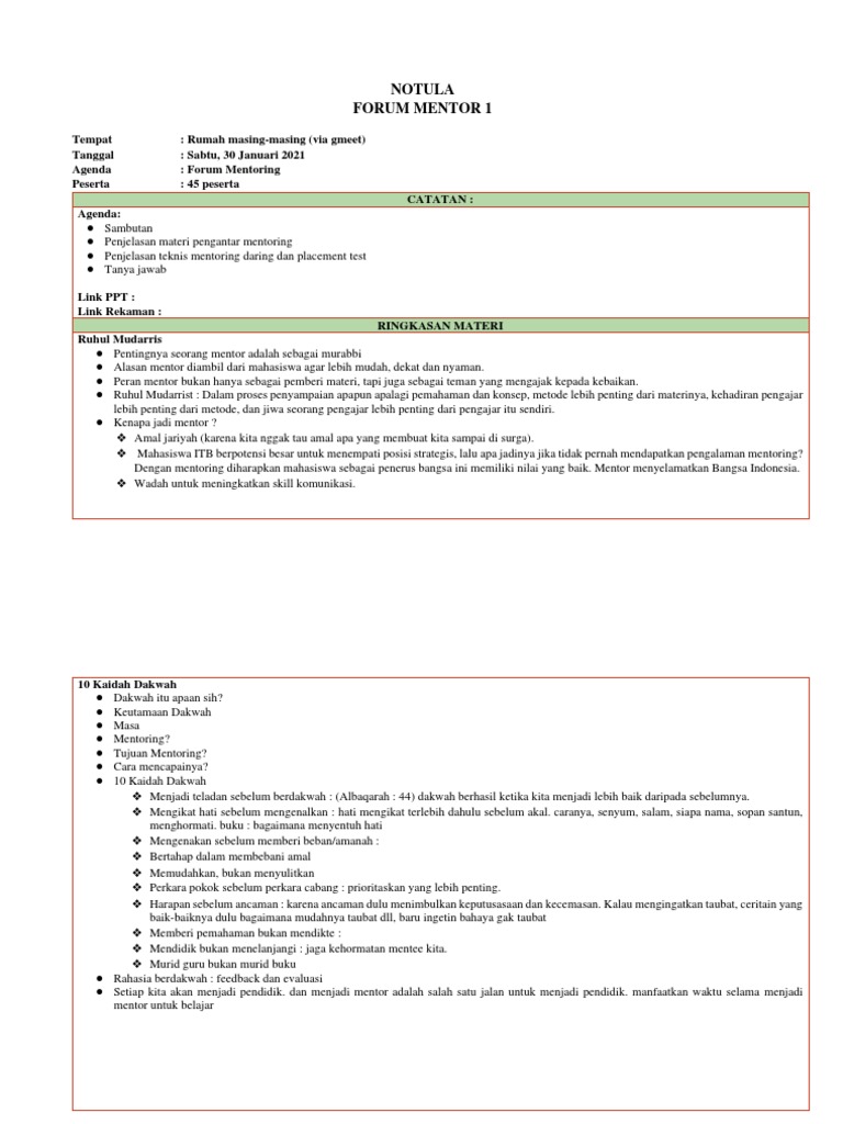 Notula Forum Mentor 1 | PDF