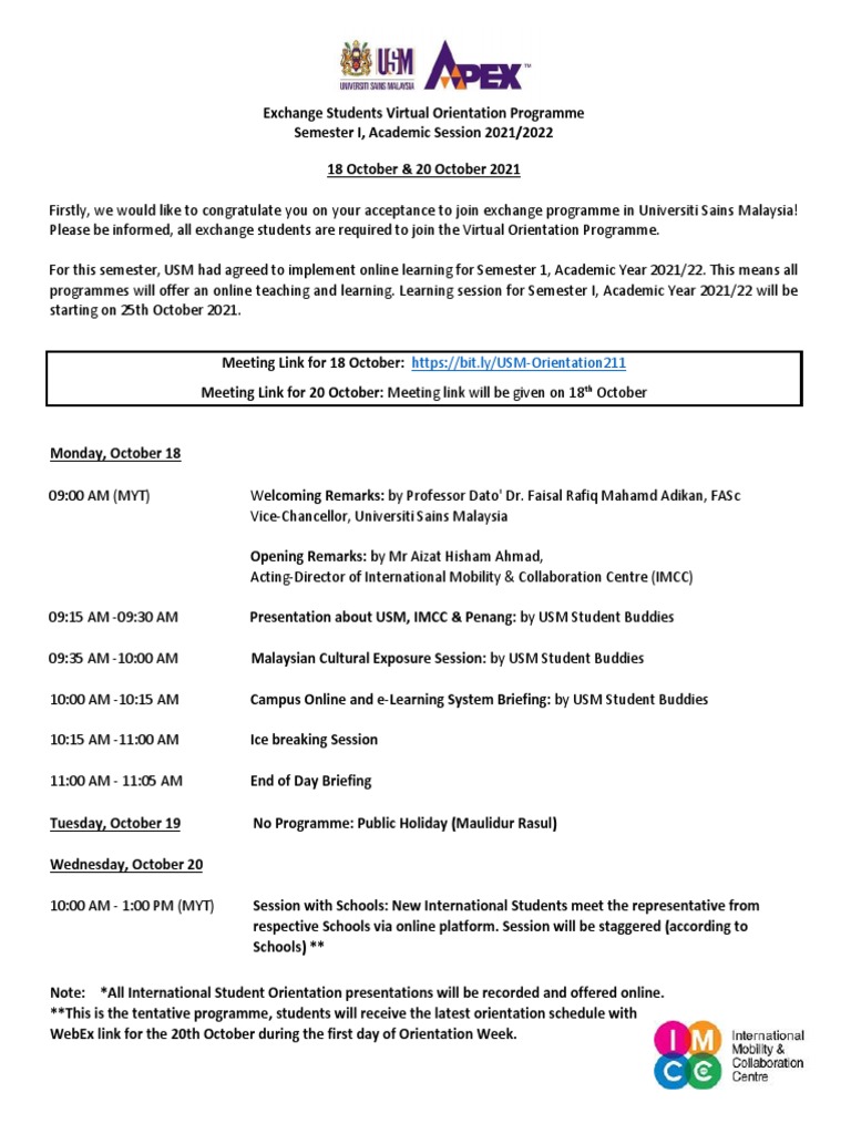 Sem 1 2021 22 International Student Orientation Exchange Pdf