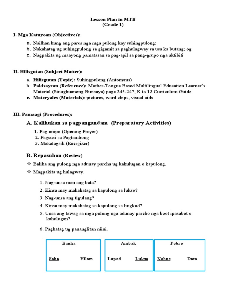 Revise Lesson Plan in MTB | PDF
