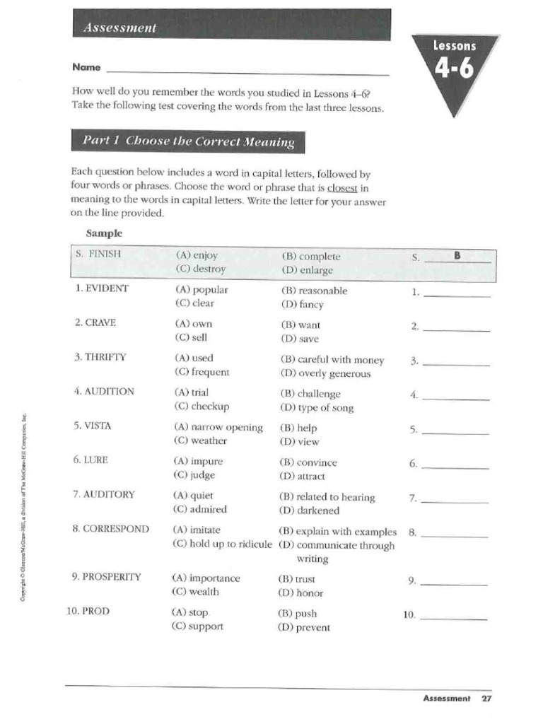 Vocabulary Builder Course 1 - Assessment (Unit 4 - 6) | PDF