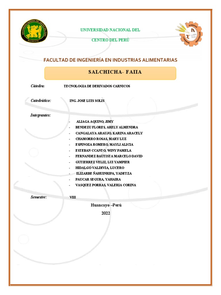 Ficha Tecnica de Salchicha - Grupo I | PDF | Carne | sal Ficha Tecnica de Salchicha - Grupo I | PDF | Carne | sal