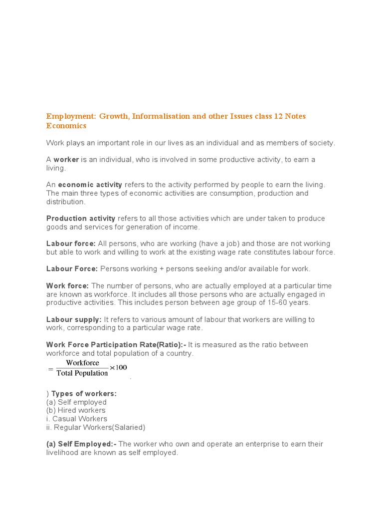 Growth, Informal Jobs Issues Class 12 Notes | PDF | Unemployment ...