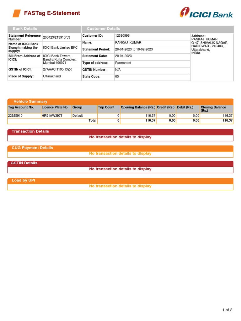 FASTag Statement for Pankaj Kumar | PDF | Banks | Financial Services