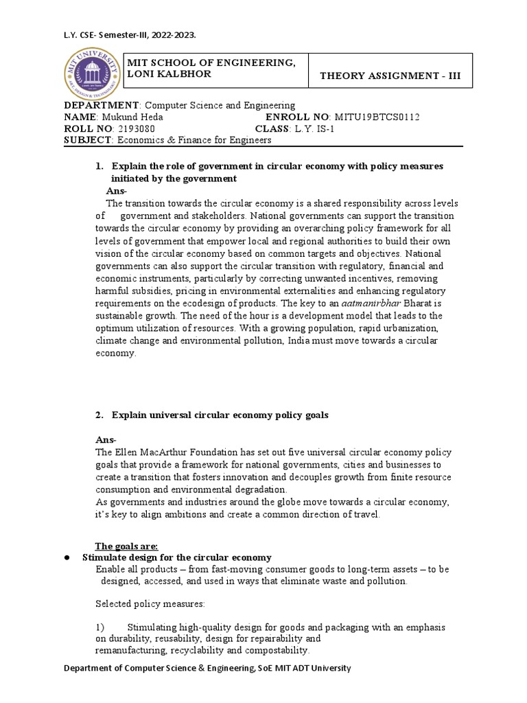 Circular Economy - Assignment 3 | PDF | Economies | Economy And The Environment